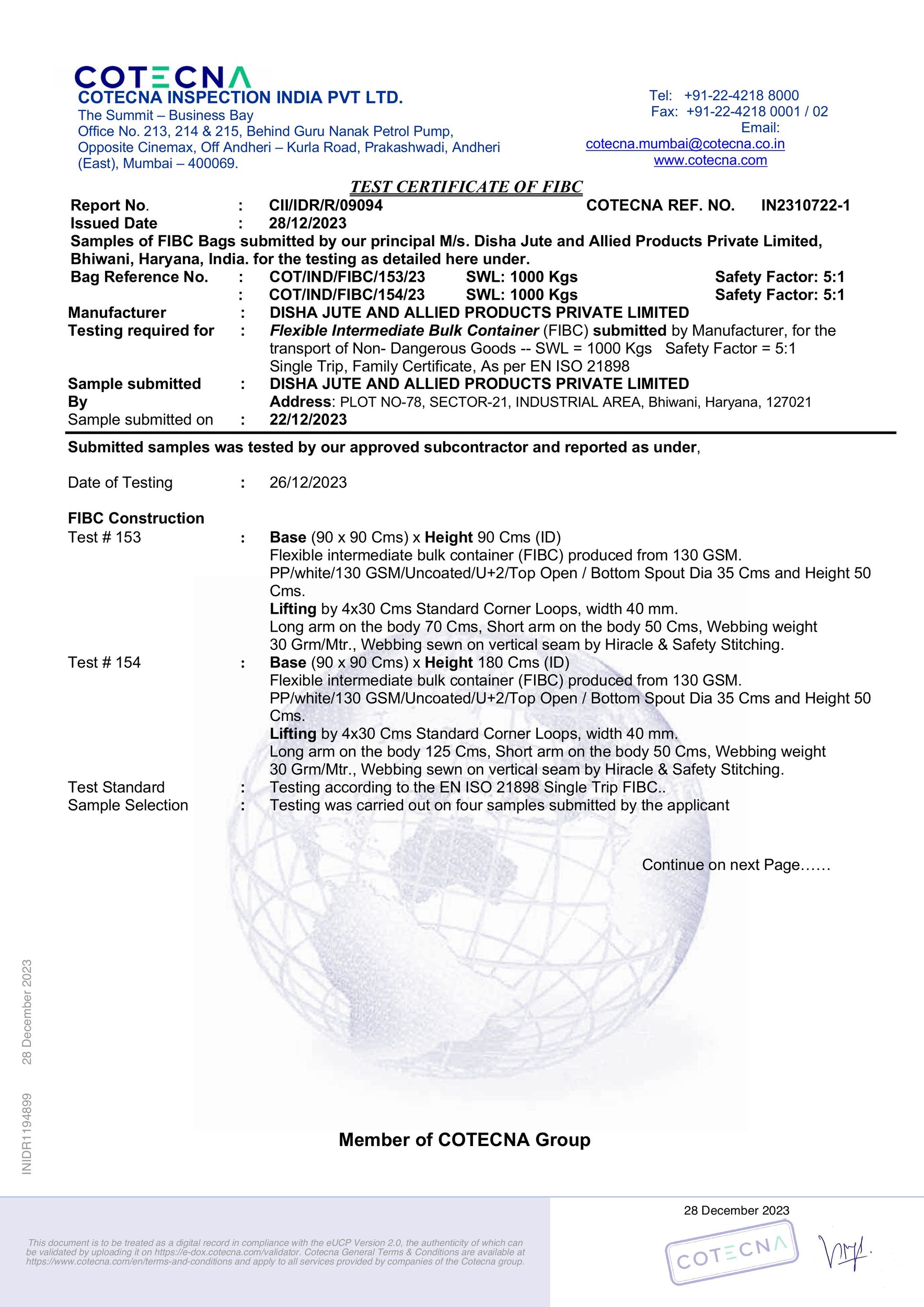 COTECNA Family Certificate